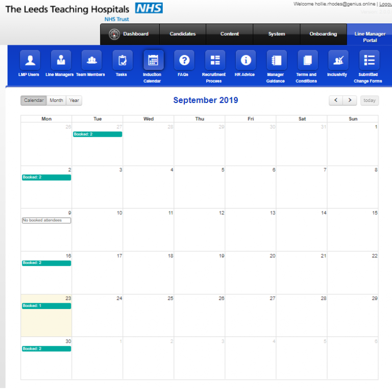 Induction Calendar Section | LTHT Documentation